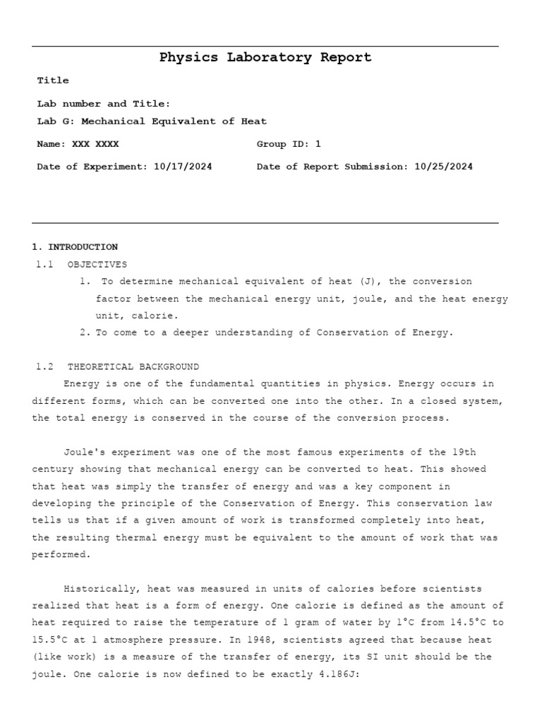Mechanical Equivalent of Heat Experiment | PDF | Heat | Force