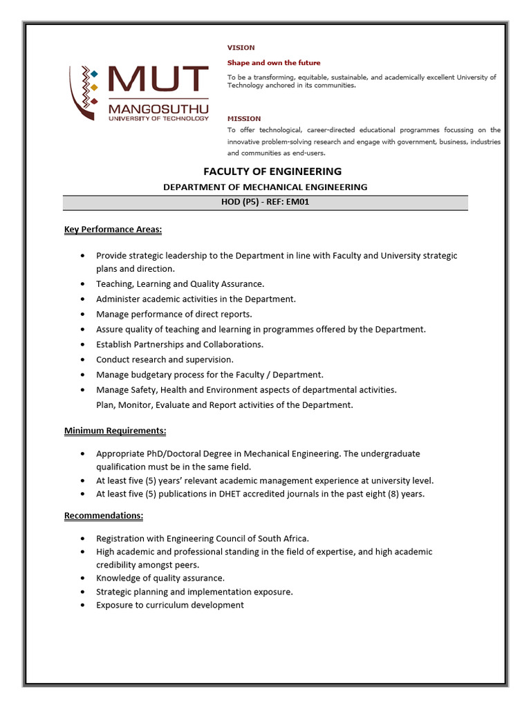 Advert HOD Mechanical Engineering | PDF | Engineering