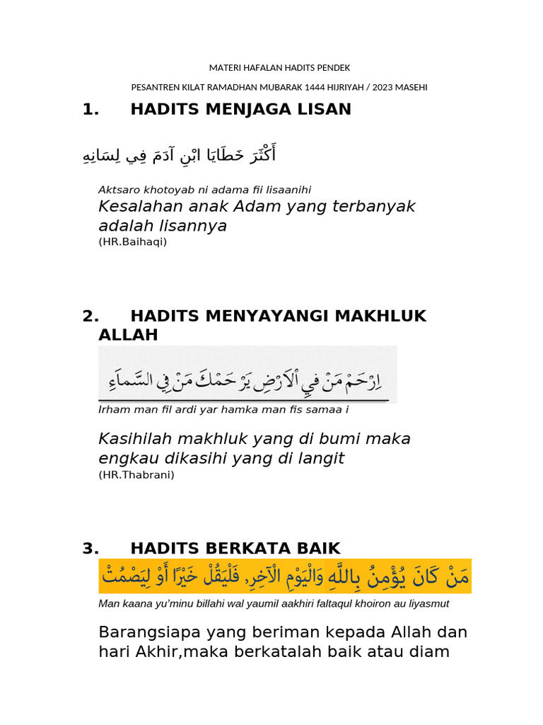 Hafalan Matan Hadits Pendek Pesantren Kilat 1444 H | PDF