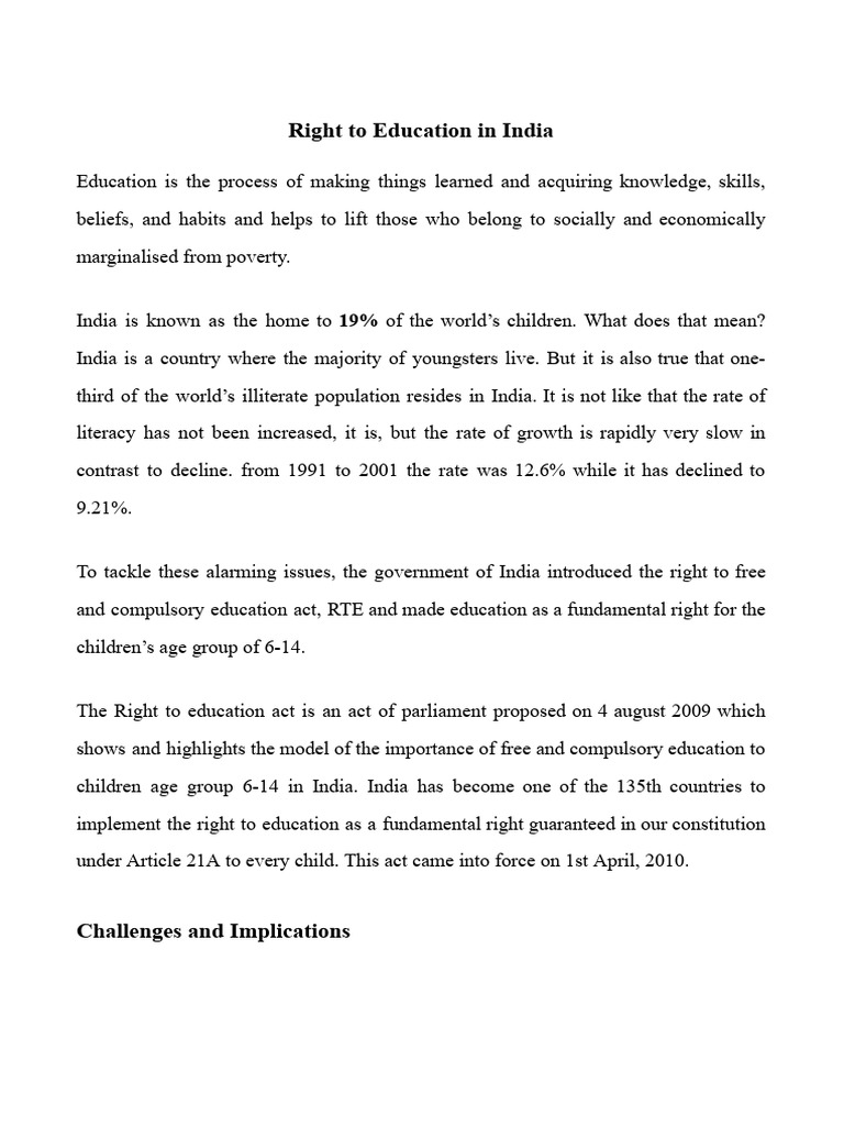 Right To Education in India | PDF | Literacy | Government