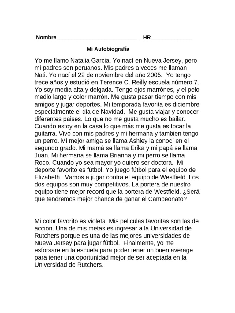 Mi Autobiografia Natalia Novice Novice Mid | PDF