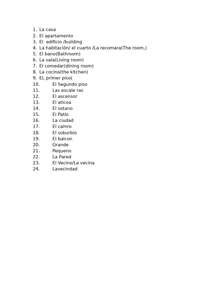 Vocabulario - La Casa El Apartmento | PDF