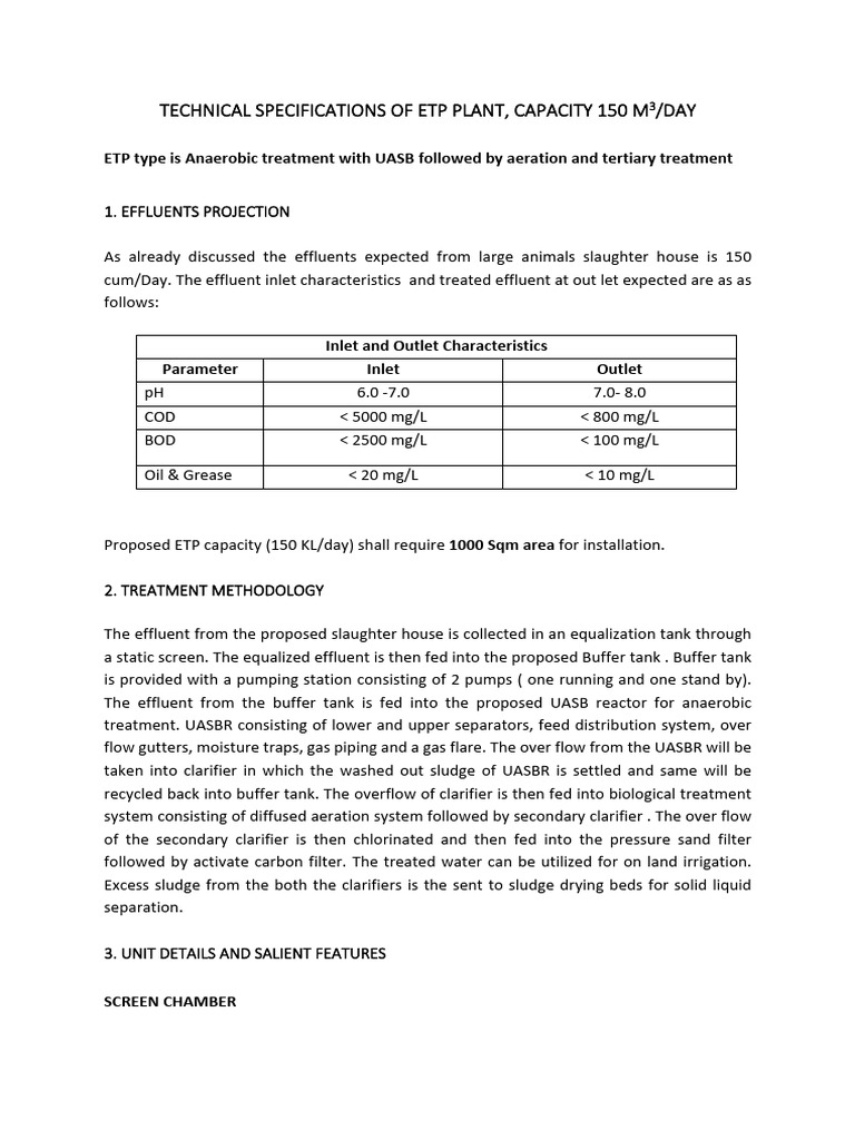 ETP Plant Specifications: 150 m3/day Capacity | PDF | Hydraulic ...