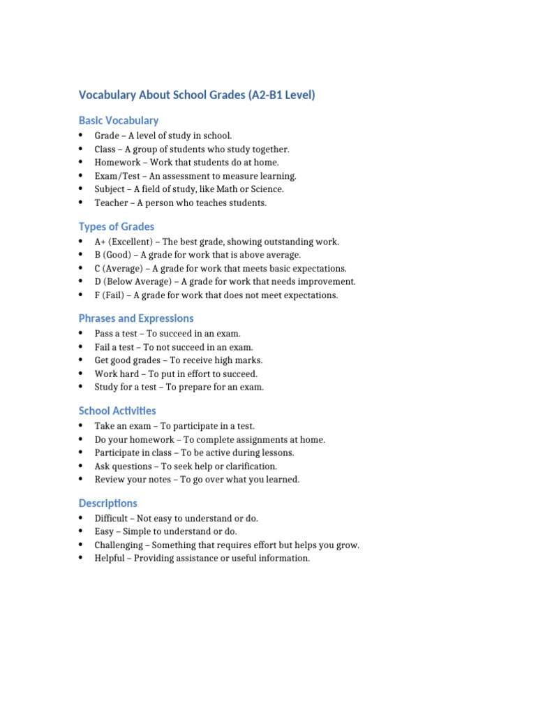Vocabulary About School Grades | PDF