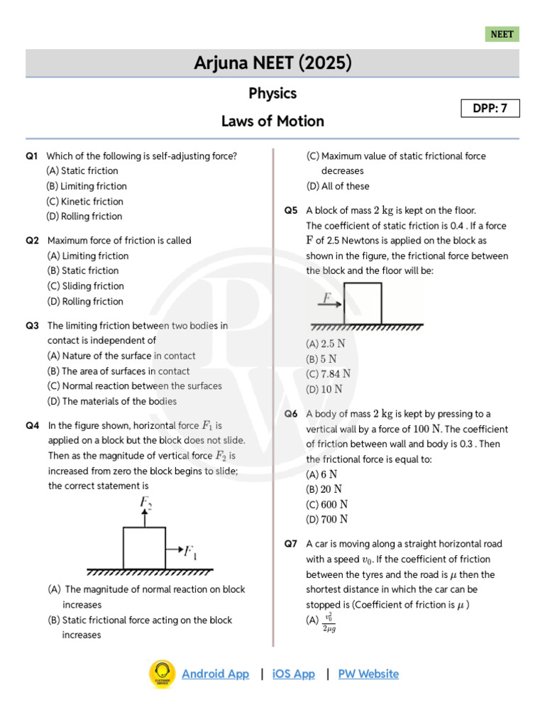 Laws of Motion - DPP 07 (Of Lecture 11) - Arjuna NEET 2025 | PDF | Friction | Force