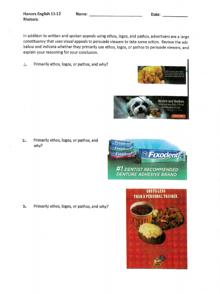 2024-09-26 Rhetoric in Class Worksheet (Ethos Logos Pathos) | PDF