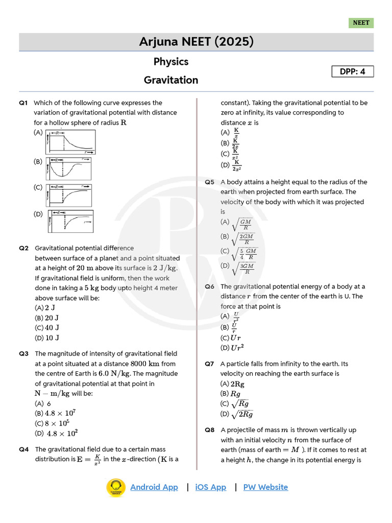 Gravitation _ DPP 04 (Of Lecture 05) __ Arjuna NEET 2025 | PDF | Potential Energy | Mass