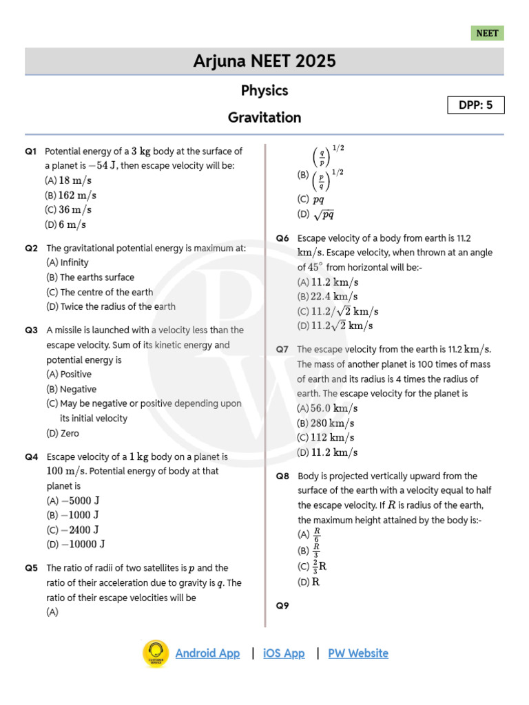Gravitation Dpp 05 Of Lecture 06 Arjuna Neet 2025 Pdf