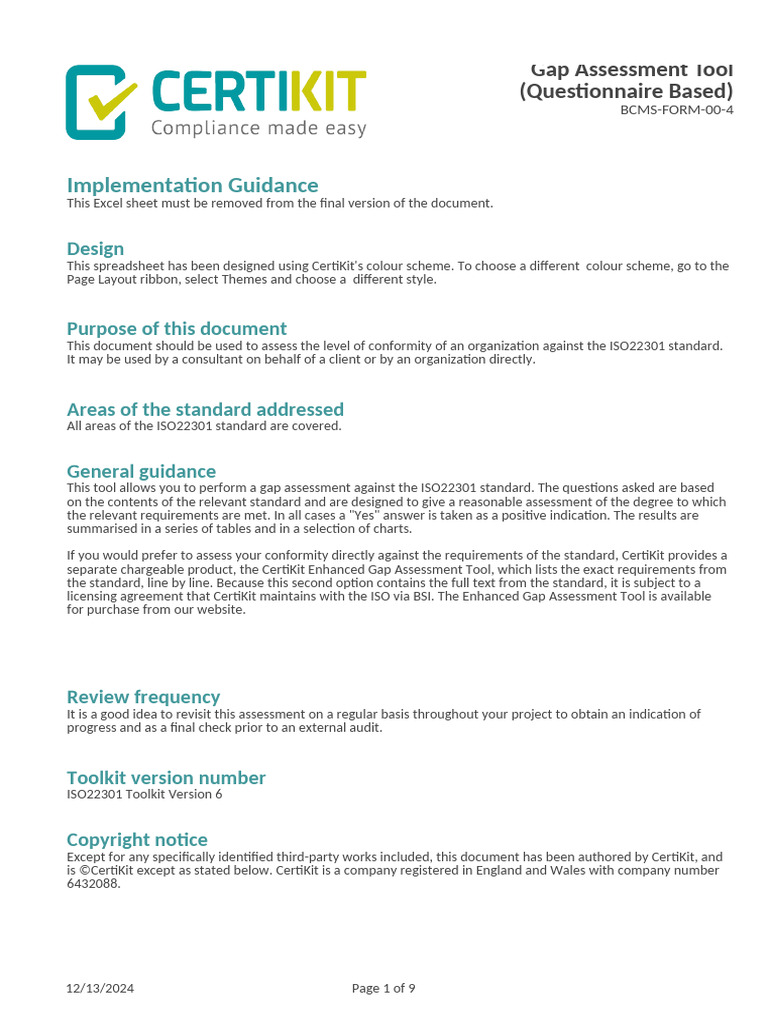 BCMS-FORM-00-4 ISO22301 Gap Assessment Tool | PDF | License | Risk