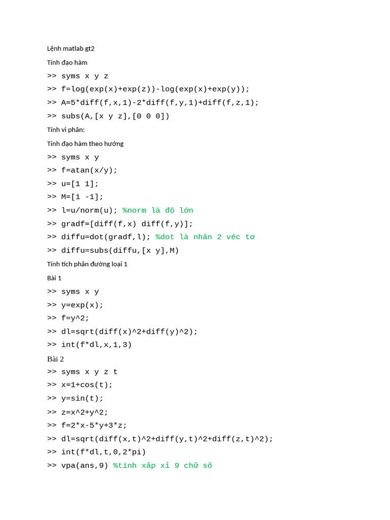 Lệnh matlab gt2 | PDF