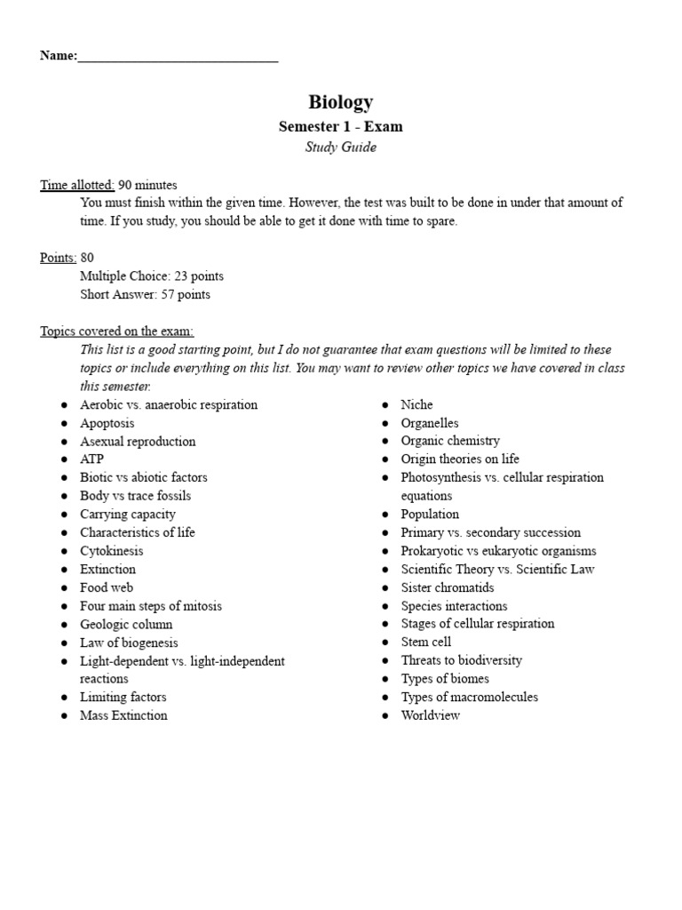 Biology Semester 1 Exam Study Guide | PDF