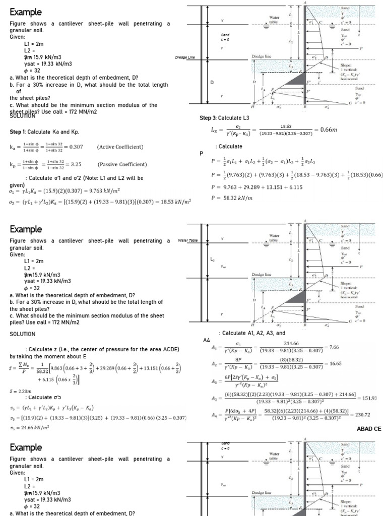 Cantilever and Anchored Sheet Pile With Example | PDF