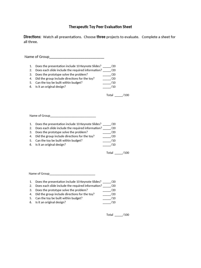 Therapeutic Toy Peer Evaluation Sheet | PDF