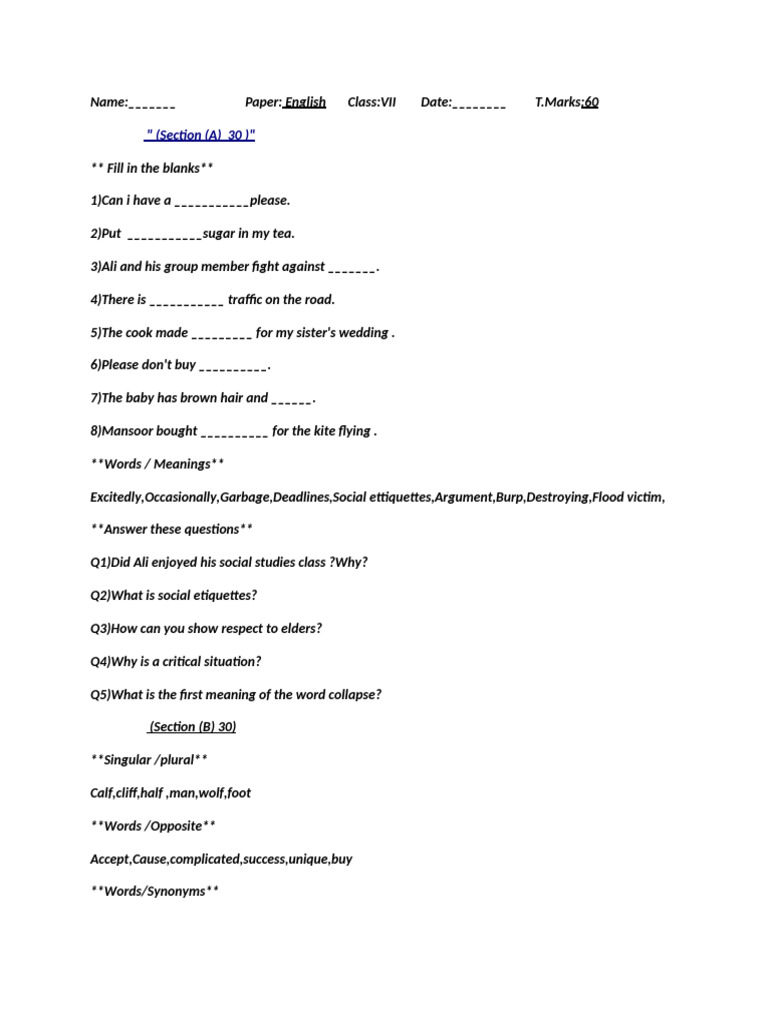 English Class VII Worksheet Template | PDF