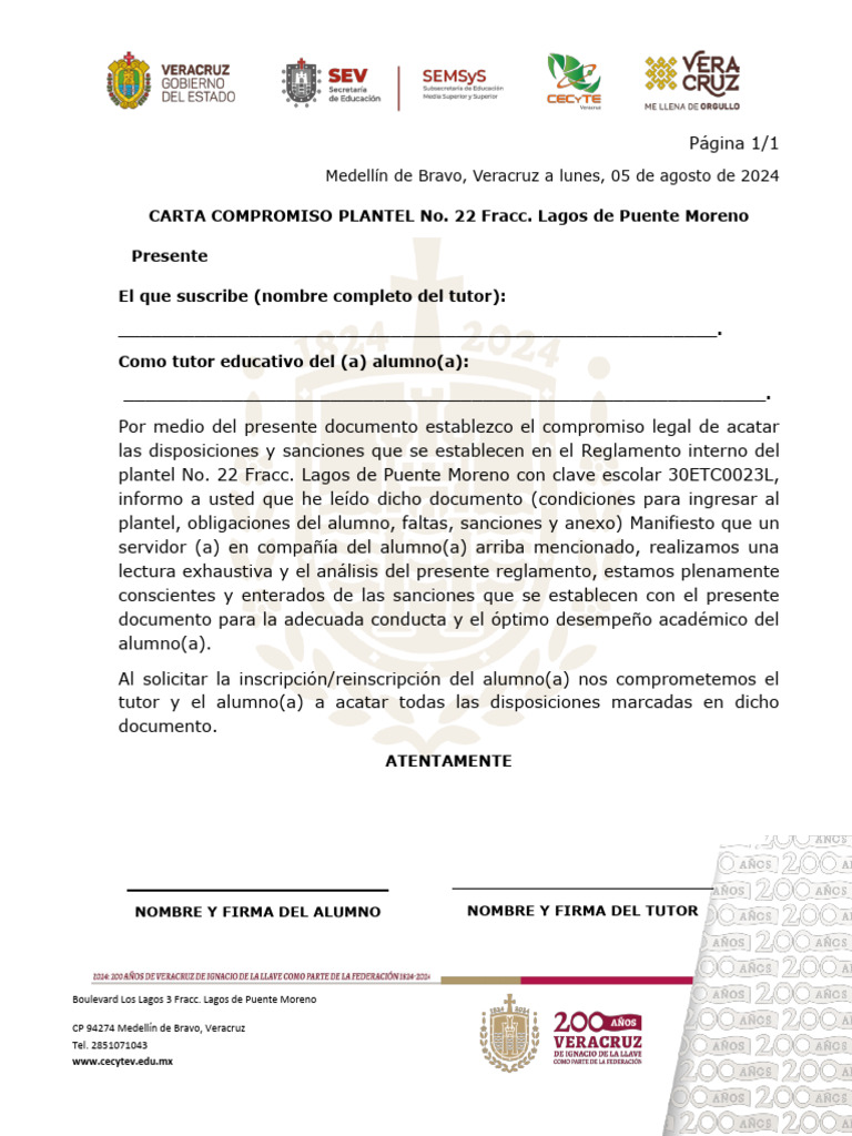 Carta Compromiso Reglamento Interno Cecytev Puente Moreno | PDF