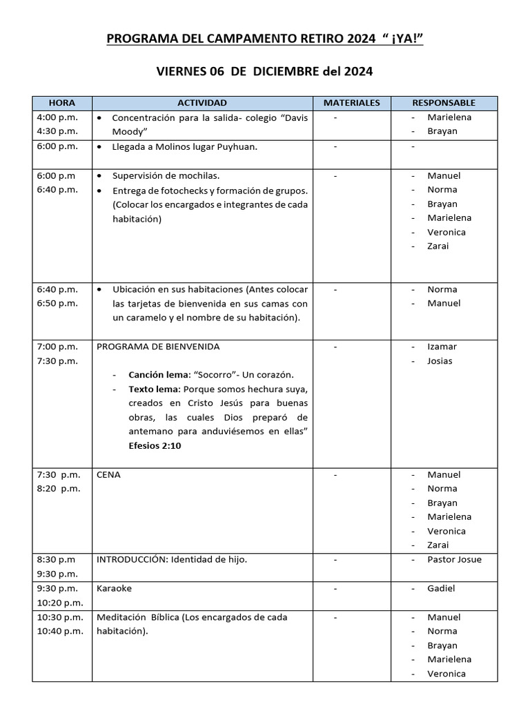 Programa CAMPAMENTO - ESPECIFICO | PDF | Comida