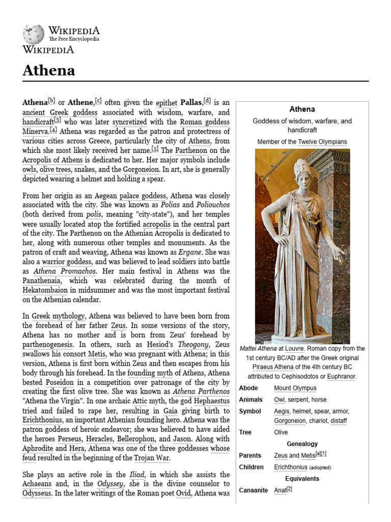 Athena - Wikipedia | PDF | Athena | Zeus