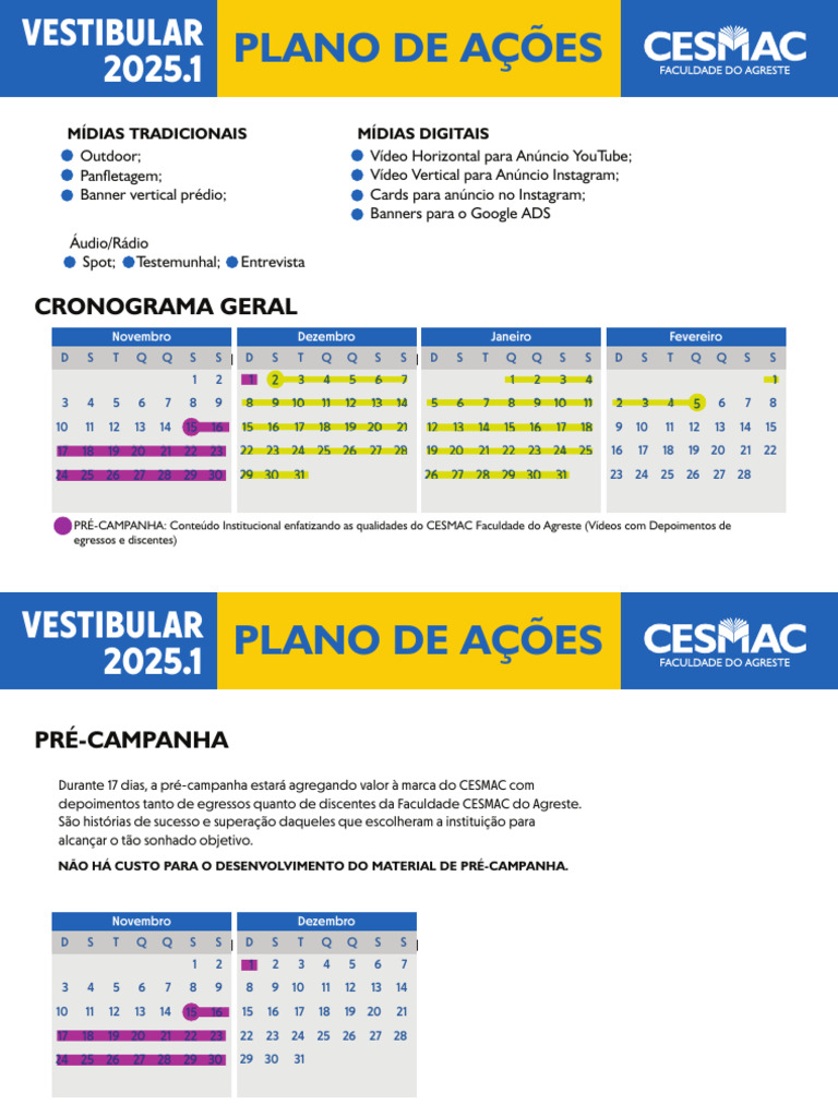 Plano de Ações - Vestibular Cesmac 2025.1 | PDF | YouTube | Publicidade