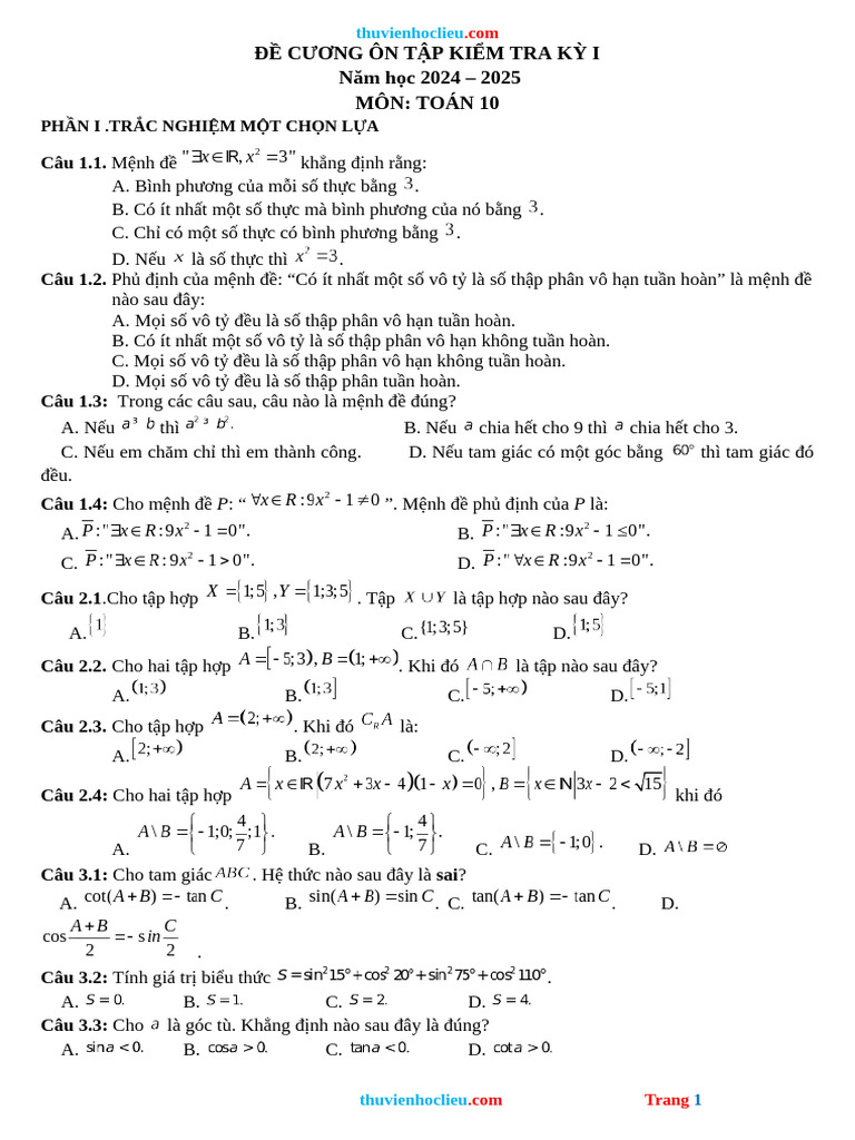 De Cuong On Tap HK1 Toan 10 Nam 24 25 | PDF