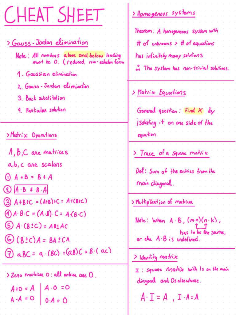 CHEAT SHEET - Homogenous Systems | PDF | Matrix (Mathematics) | System ...