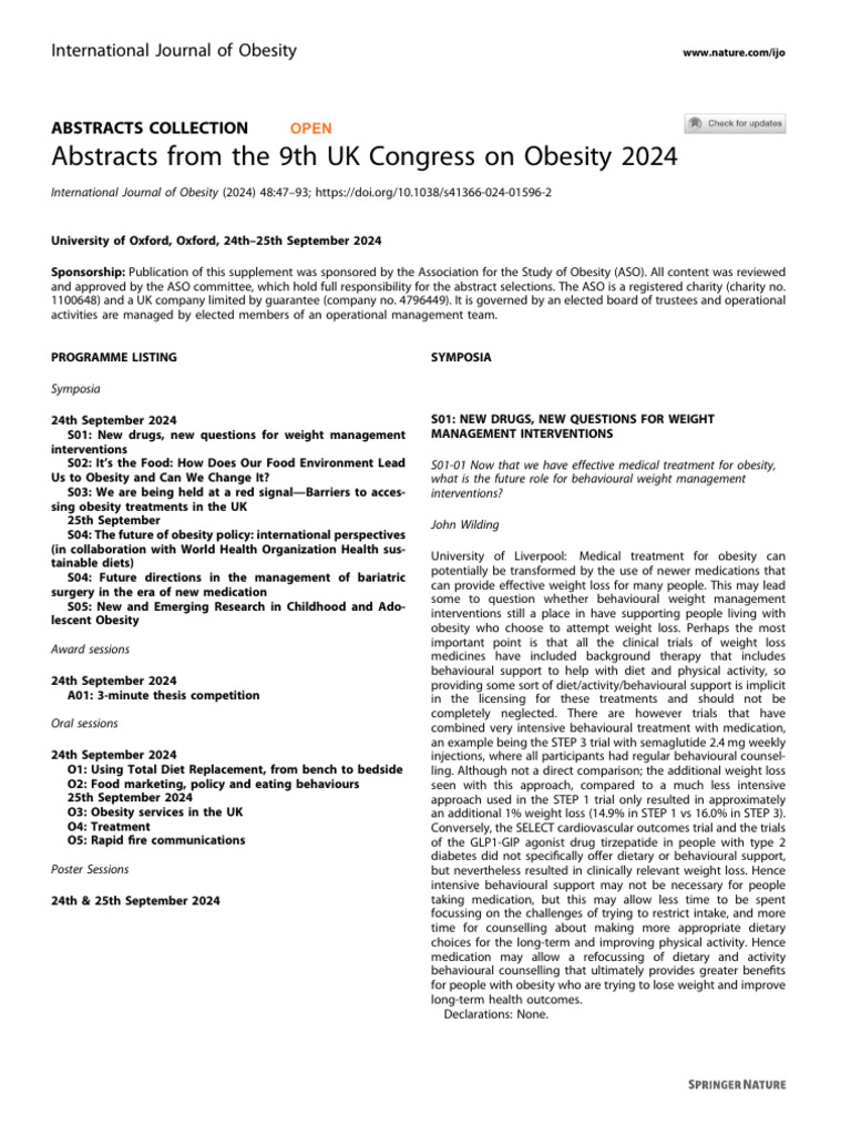 Abstracts From The 9th UK Congress On Obesity 2024: International Journal of Obesity | PDF ...