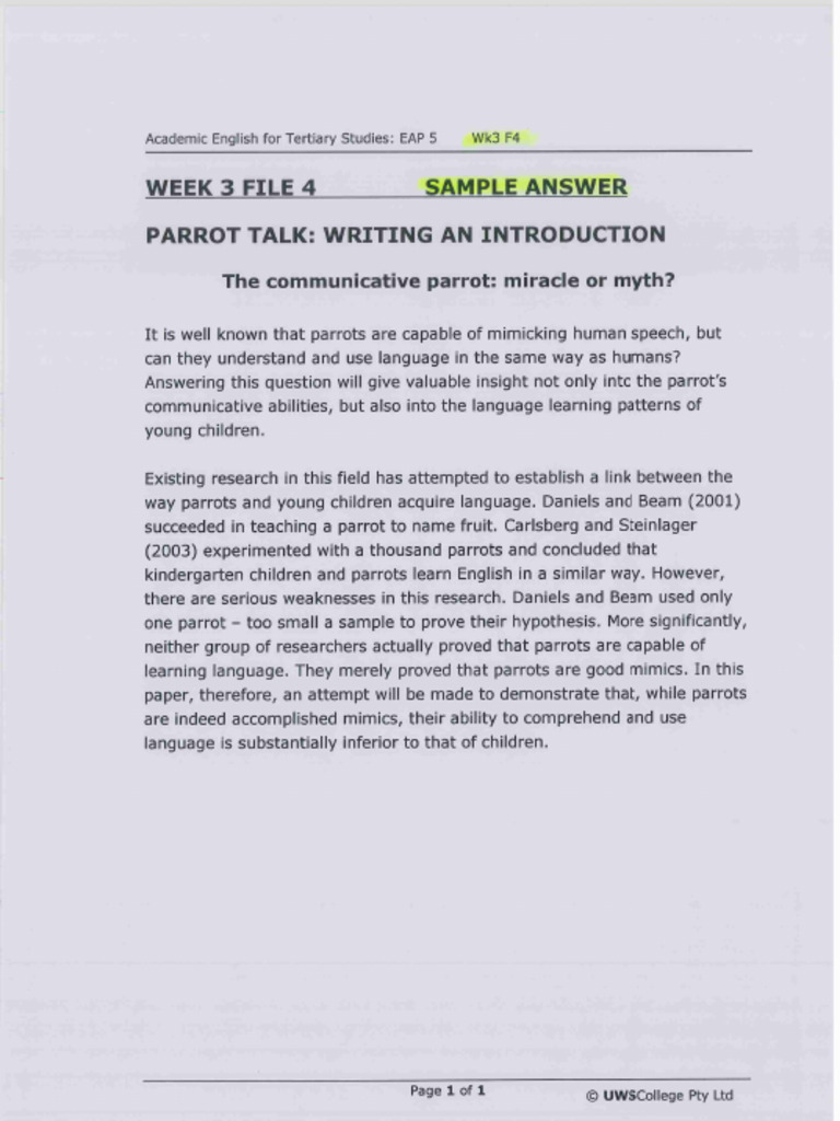 EAP5 Week 3 Tue F4 Sample Answer - Parrot Talk Writing An Introduction ...