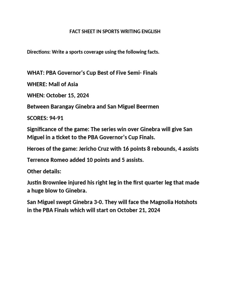 Fact Sheet in Sports Writing English | PDF