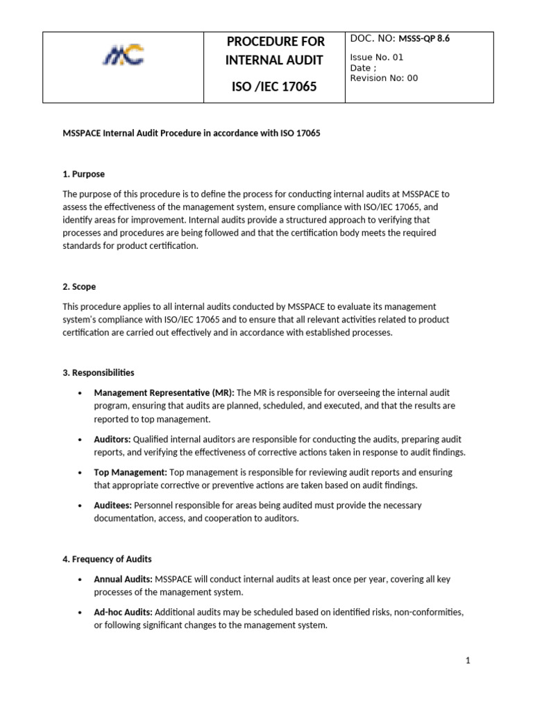 Internal Audit Procedure for ISO 17065 | PDF | Audit | Internal Audit