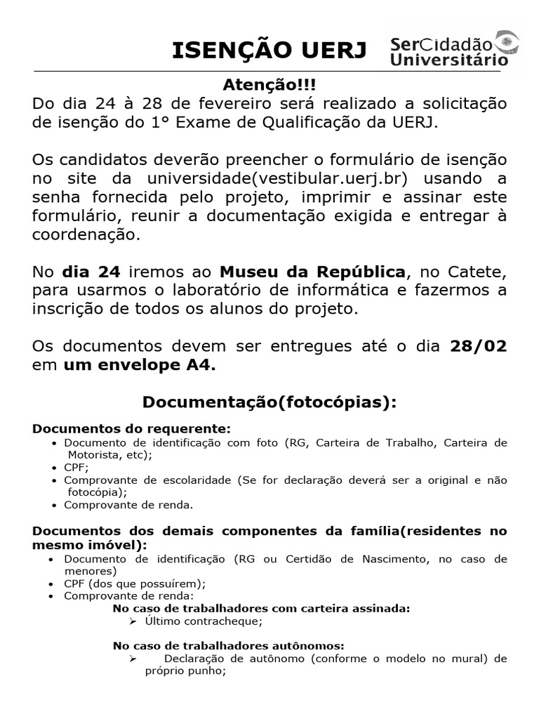Documentos para Isenc3a7c3a3o Uerj | PDF