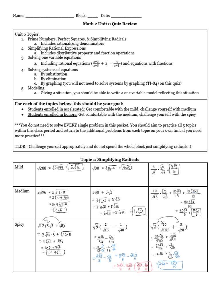 0.5 Unit 0 Review Packet SOLUTIONS | PDF | Equations | Mathematics