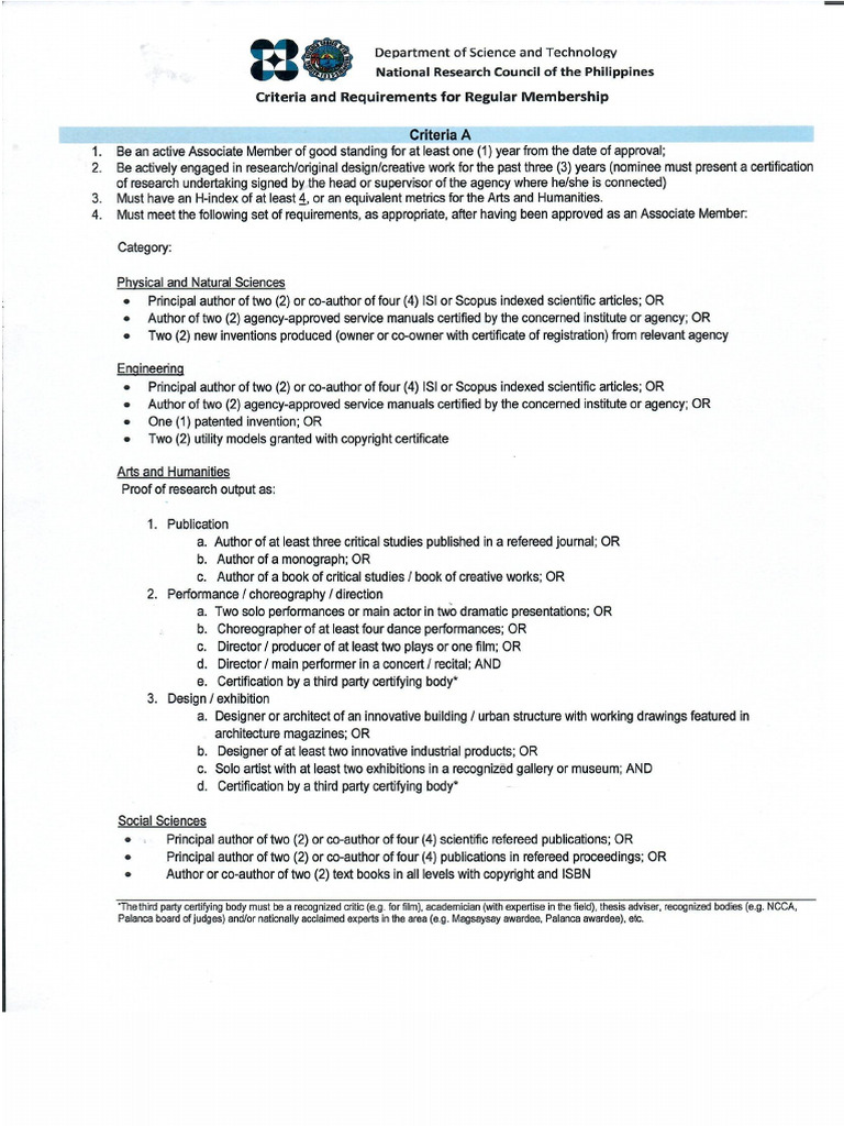 Regular Membership Criteria - DOST NRCP | PDF