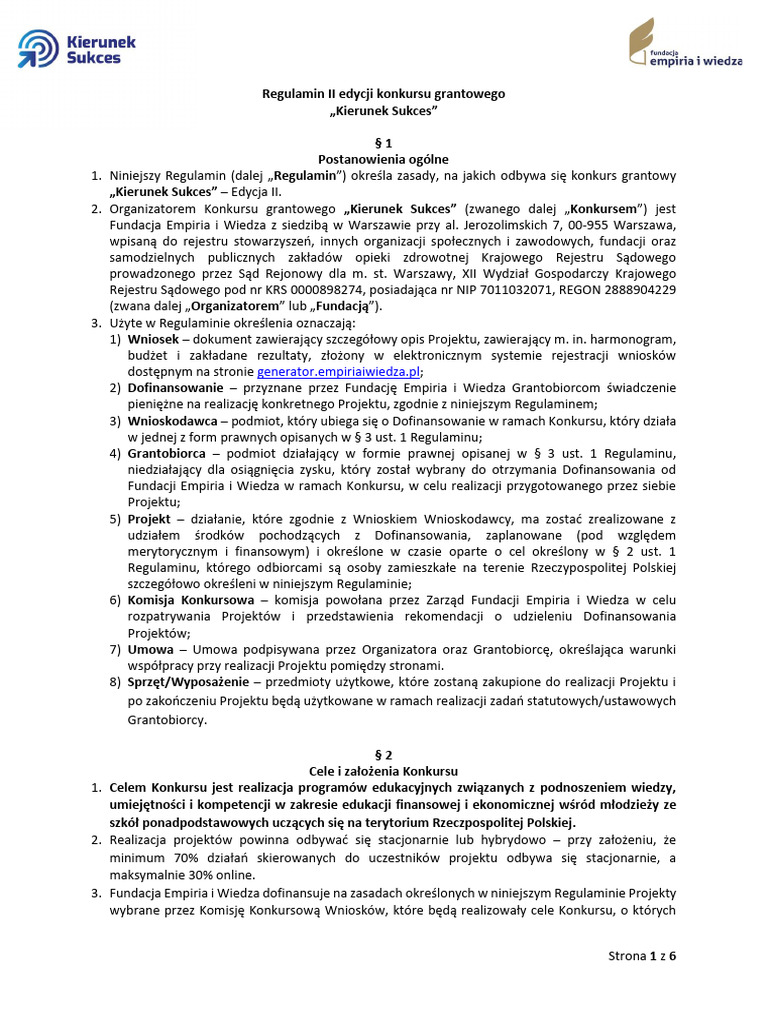 Kierunek Sukces - Edycja 2 - Regulamin | PDF