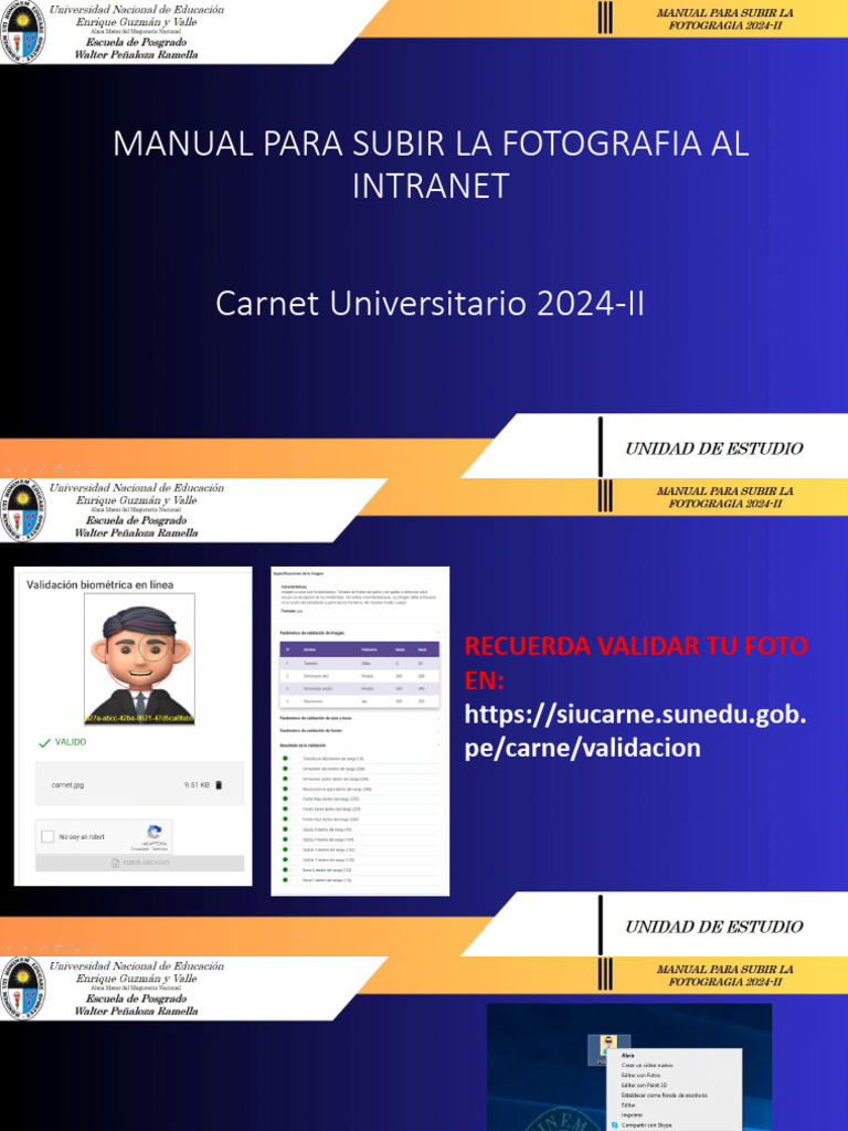 Como Subir La Fotografía Del Carnet de Medio Intranet UNE 2024-II | PDF