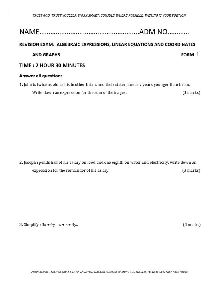 Kcse Revision Exam F1 Linear Expressions, Equations and Graphs Brain ...