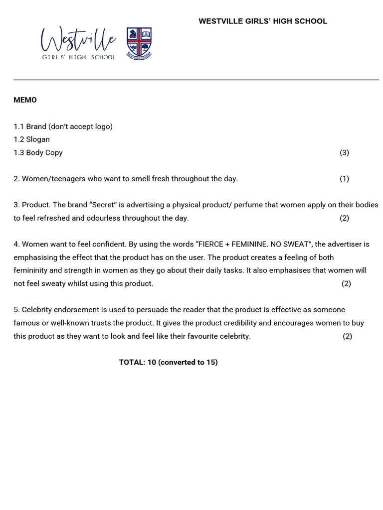 Grade 9 Advertisement Test Memo | PDF