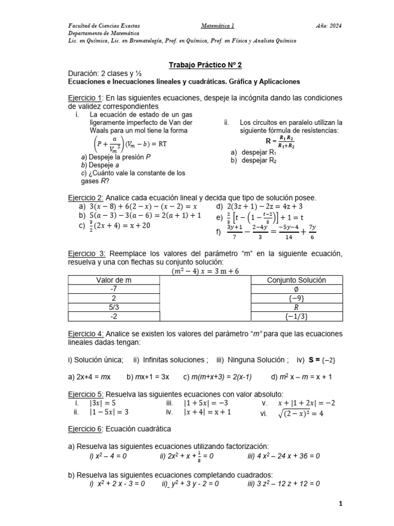Trabajo Práctico #2-Matem1-2024 - 1 | PDF | Ecuaciones | Raíz cuadrada