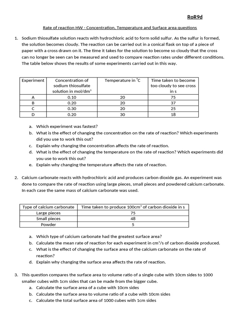 RoR9d HW Concentration Temperature and Surface Area | PDF | Chemical ...
