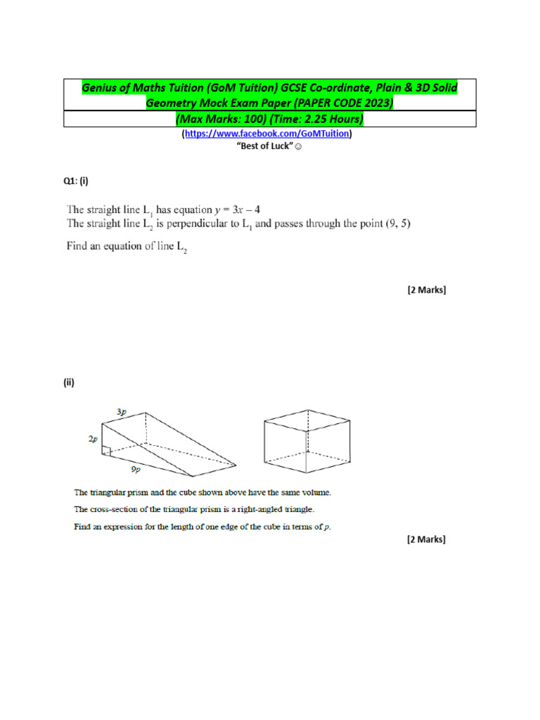 Genius of Maths Tuition Geometry Mock Paper GoM GCSE2023 | PDF