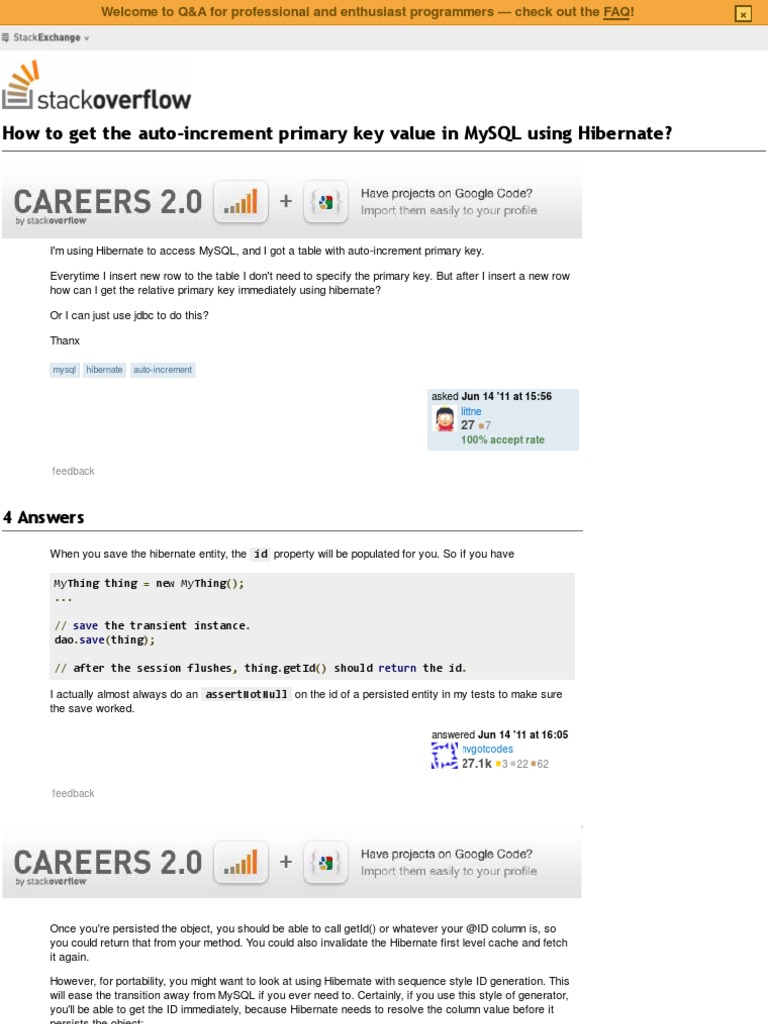 How To Get The Auto-Increment Primary Key Value in MySQL Using Hibernate - Stack Overflow | PDF ...