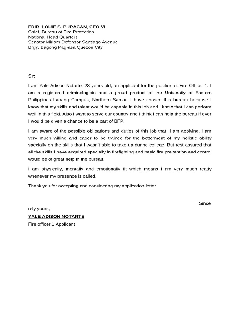 Application Letter - Yale Adison Notarte | PDF