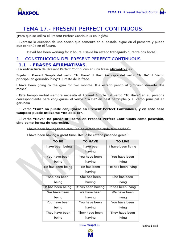 TEMA 17 Present Perfect Continuous 2024 | PDF | Semantic Units | English Grammar