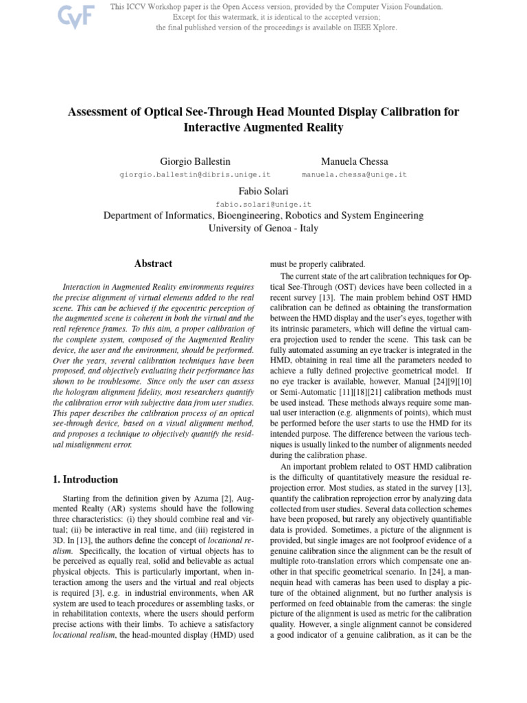 Calibration Techniques for Augmented Reality HMDs | PDF | Augmented ...
