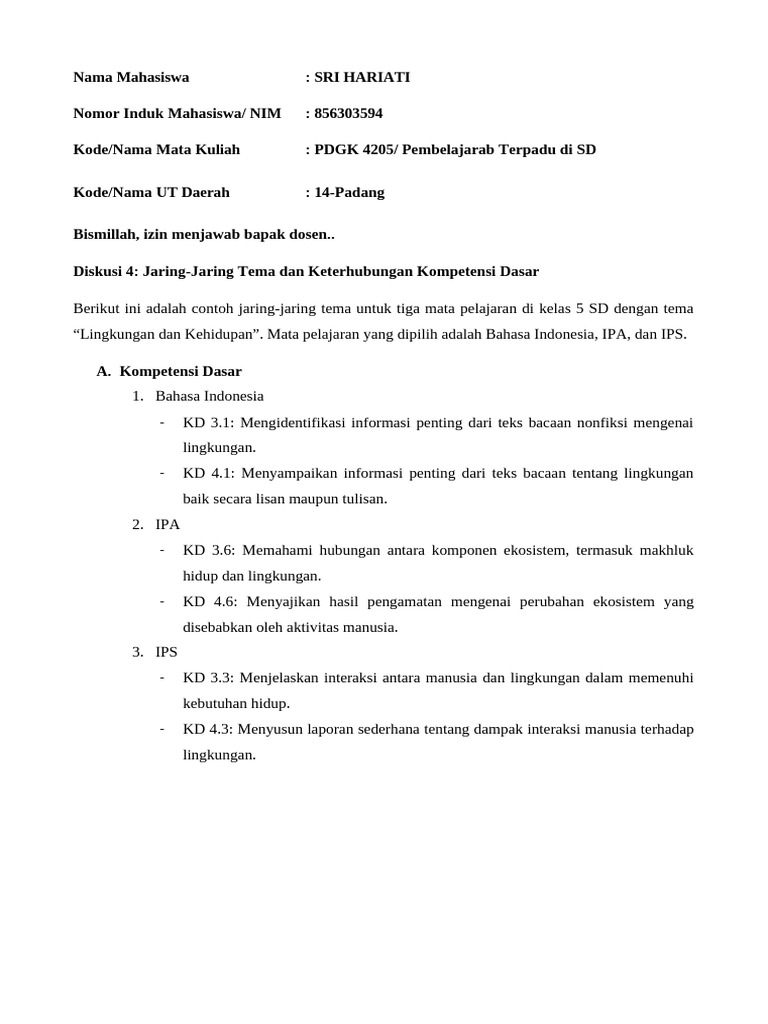 Diskusi Ke 4 Pembelajaran Terpadu Di SD PDGS 4205 | PDF