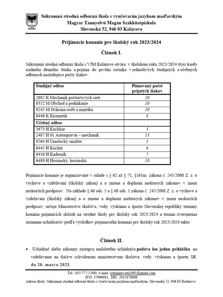 Priji Macie-Konanie-Pre-S K. Rok 2023 2024 SSOS Poc Et Z Iakov | PDF