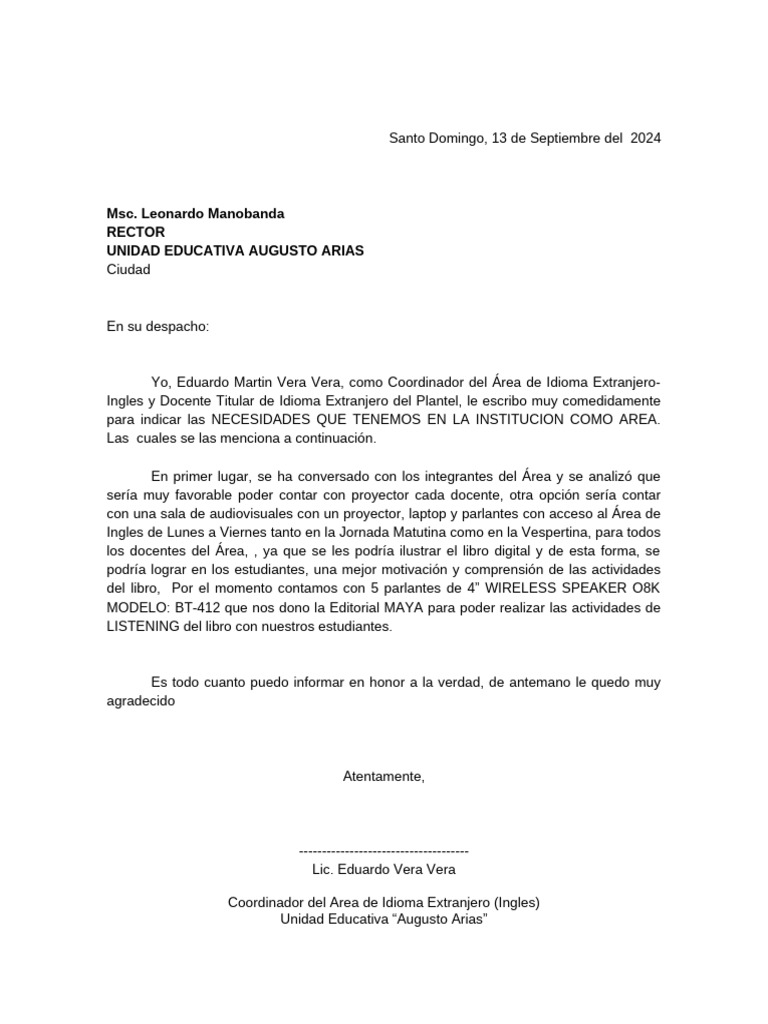 Oficio al Sr. Rector por la necesidades como Area -Eduardo Vera 2024 | PDF
