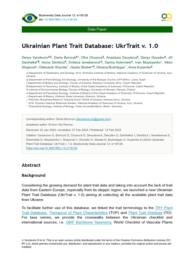 Ukrainian Plant Trait Database | PDF | Taxonomy (Biology) | Leaf