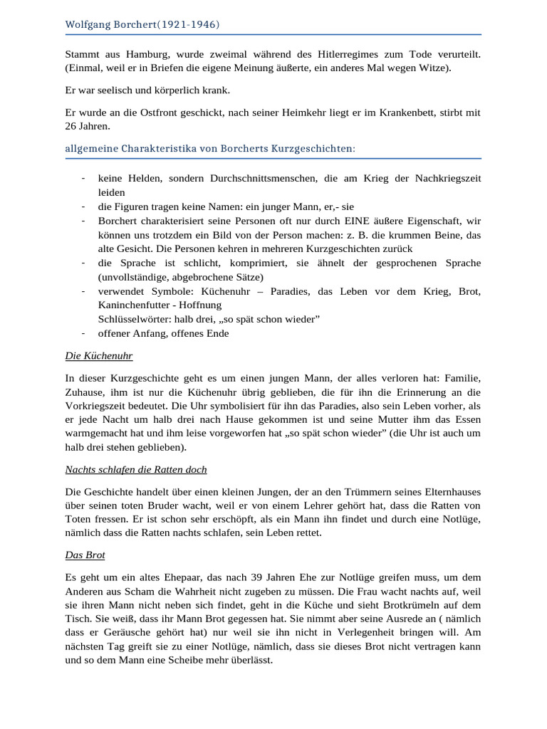Wolfgang Borchert Und Seine Kurzgeschichten | PDF
