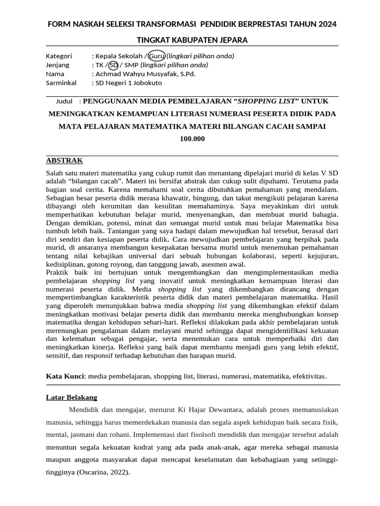 FORMULIR Dan NASKAH SELEKSI TRANSFORMASI PENDIDIK BERPRESTASI TAHUN 2024 | PDF