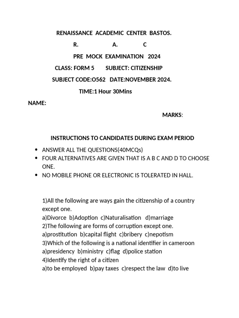 Form 5 Citizenship Pre-Mock Exam 2024 | PDF | Cameroon | Justice