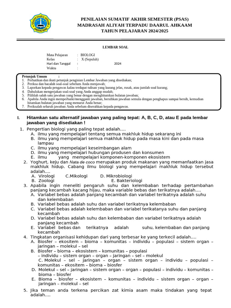 Soal PSAS Biologi KLSX Sm1 24,25 | PDF